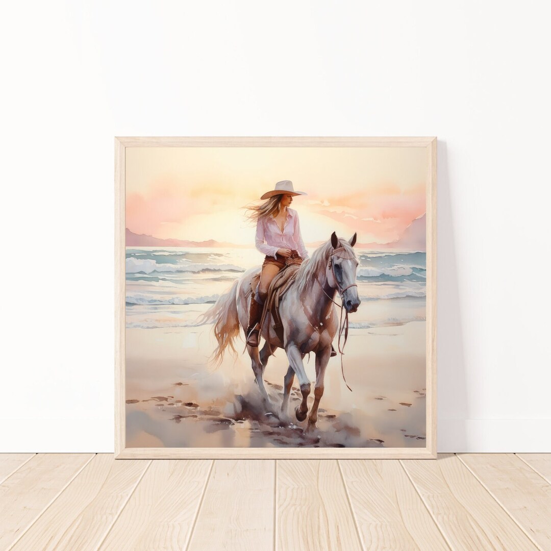 Coastal Cowgirl Art-watercolor Cowgirl Riding Horse on Coastal Beach at ...