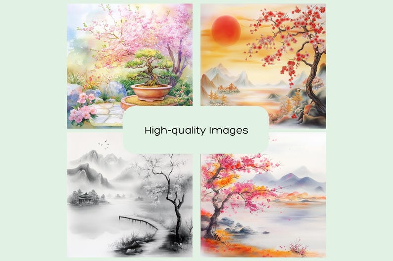 Watercolor Japanese Landscape Digital Paper Set-tranquil Pastel Asian ...