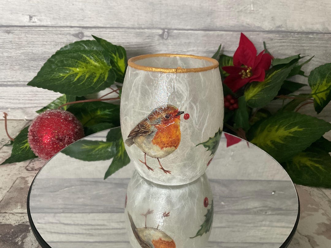 Glass Tealight Holder. Home Decor Gift. Xmas. Robin. - Etsy UK