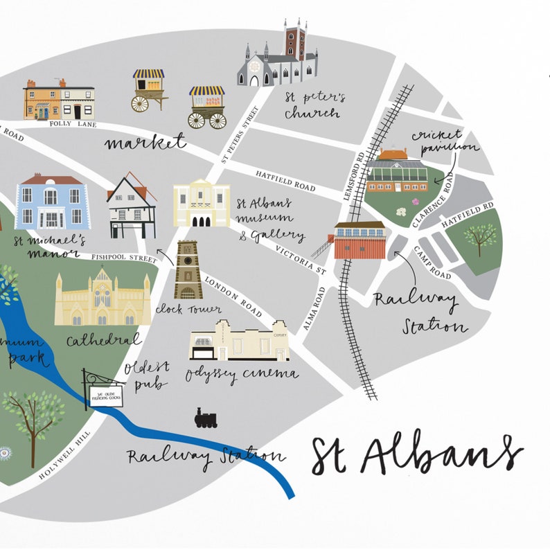 Illustrated Map of St Albans - Landscape - Etsy