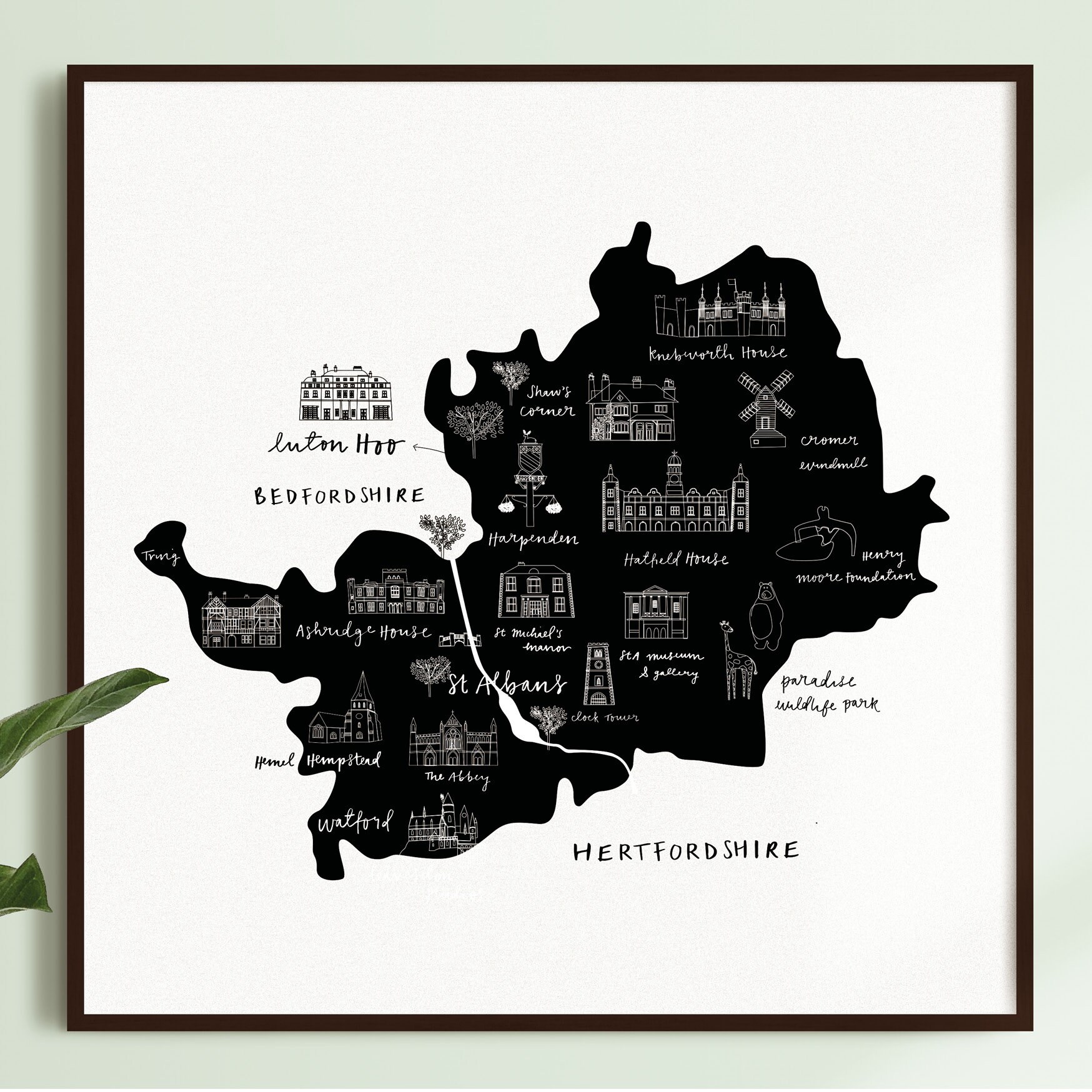 Illustrated Map of Hertfordshire (black and White/ Coloured) - Etsy
