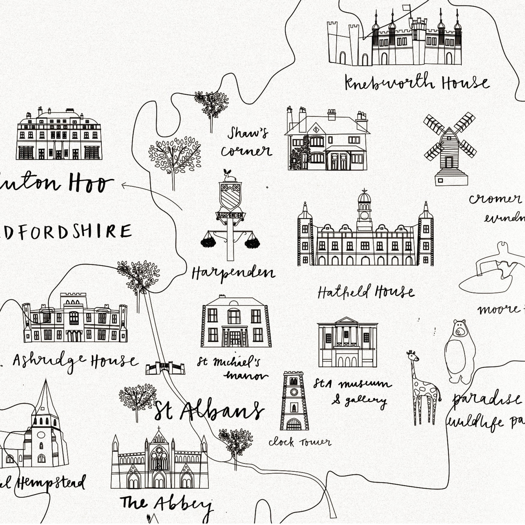 Illustrated Map of Hertfordshire black and White/ Coloured | Etsy UK