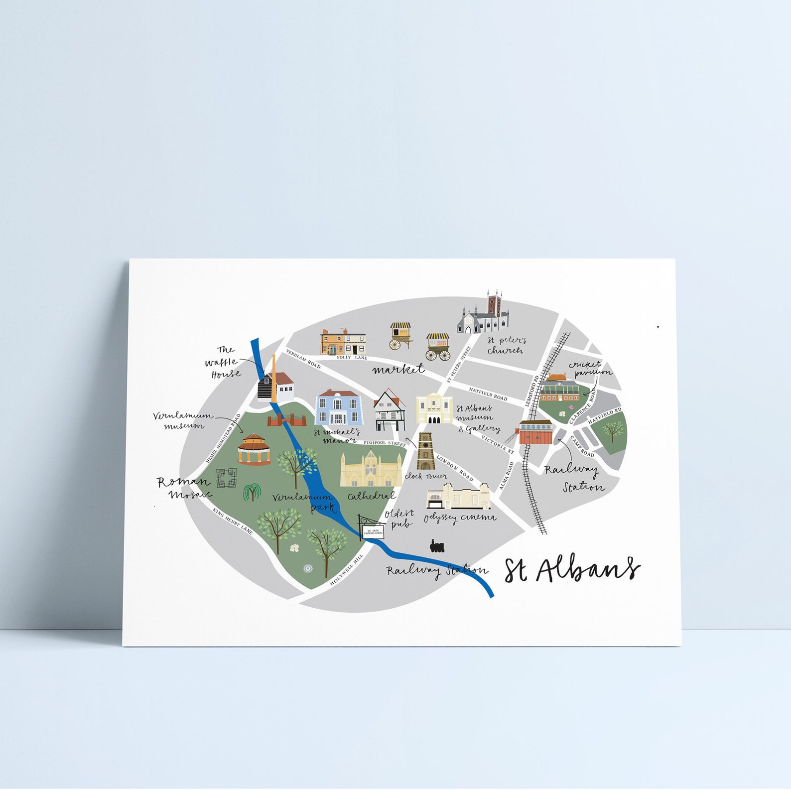Illustrated Map of St Albans - Landscape - Etsy