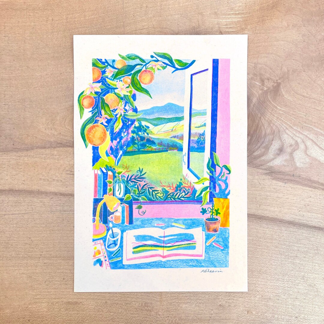 Window View, Oranges in Summer - Risograph Print, Landscape Artwork. - Etsy