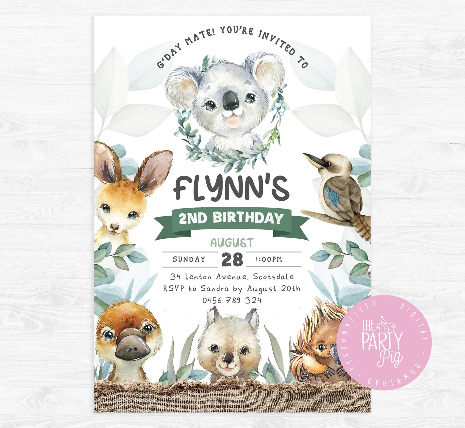 Australian Animals Birthday Invitation, Animals Invite, Koala ...