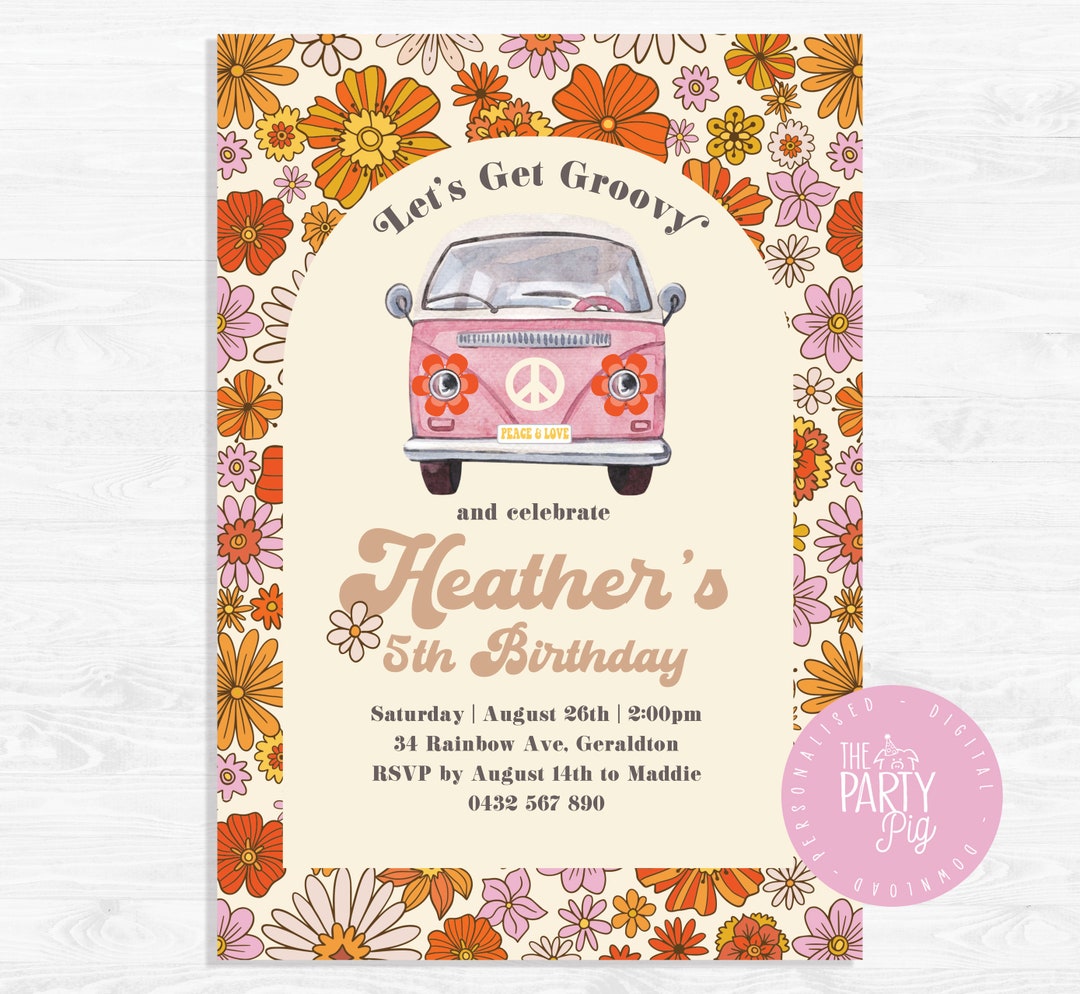 Groovy Hippie Peace & Love 60s Theme Birthday Invitation Retro Vintage ...