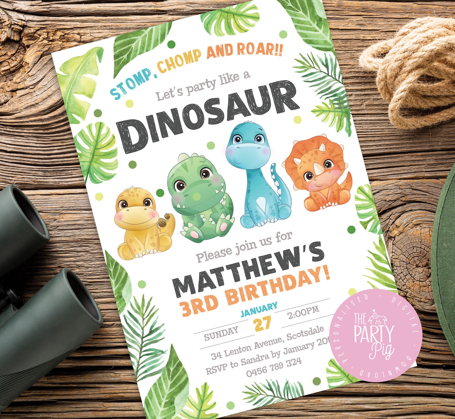 Dinosaur Birthday Invitation, Baby Dinosaur Birthday Invite, Dinosaur ...