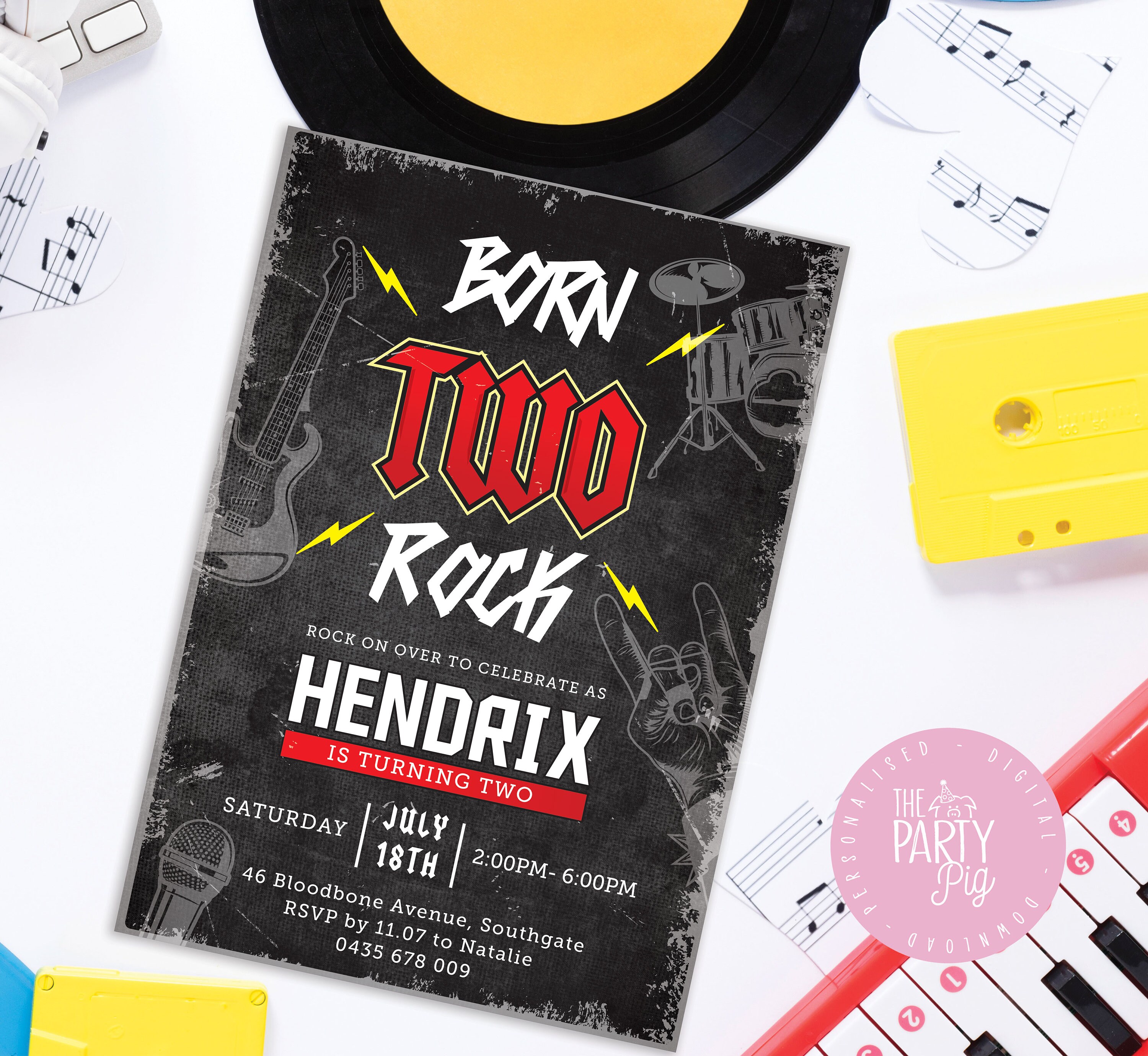 Born Two Rock, Rock and Roll Birthday Party Invitation Digital Download ...