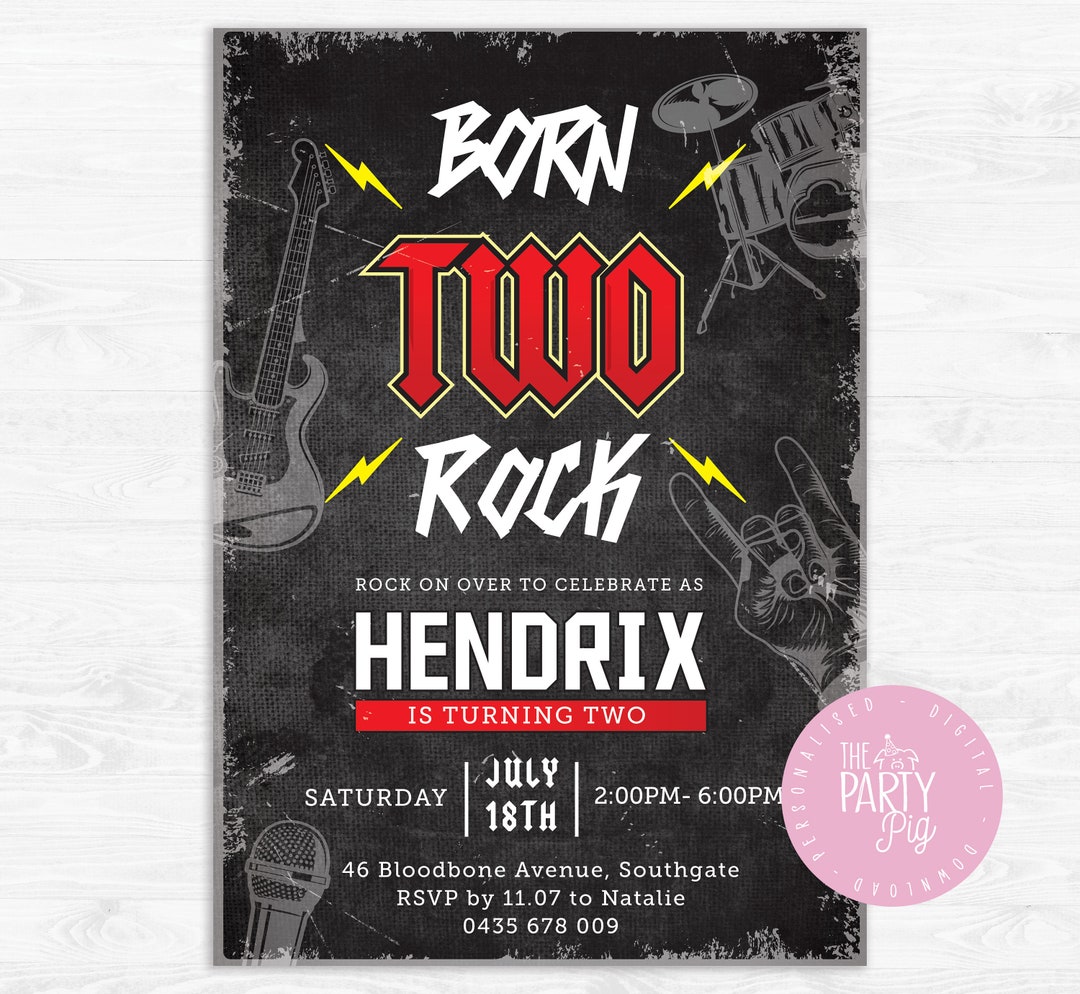 Born Two Rock, Rock and Roll Birthday Party Invitation Digital Download ...