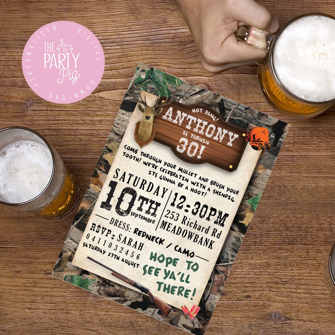 Redneck Hunting Hillbilly Party Invitation, Redneck Birthday Invite ...