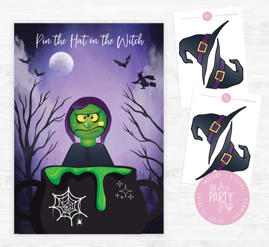 Halloween Party Game Pin the Hat on the Witch DIY Party Printable ...