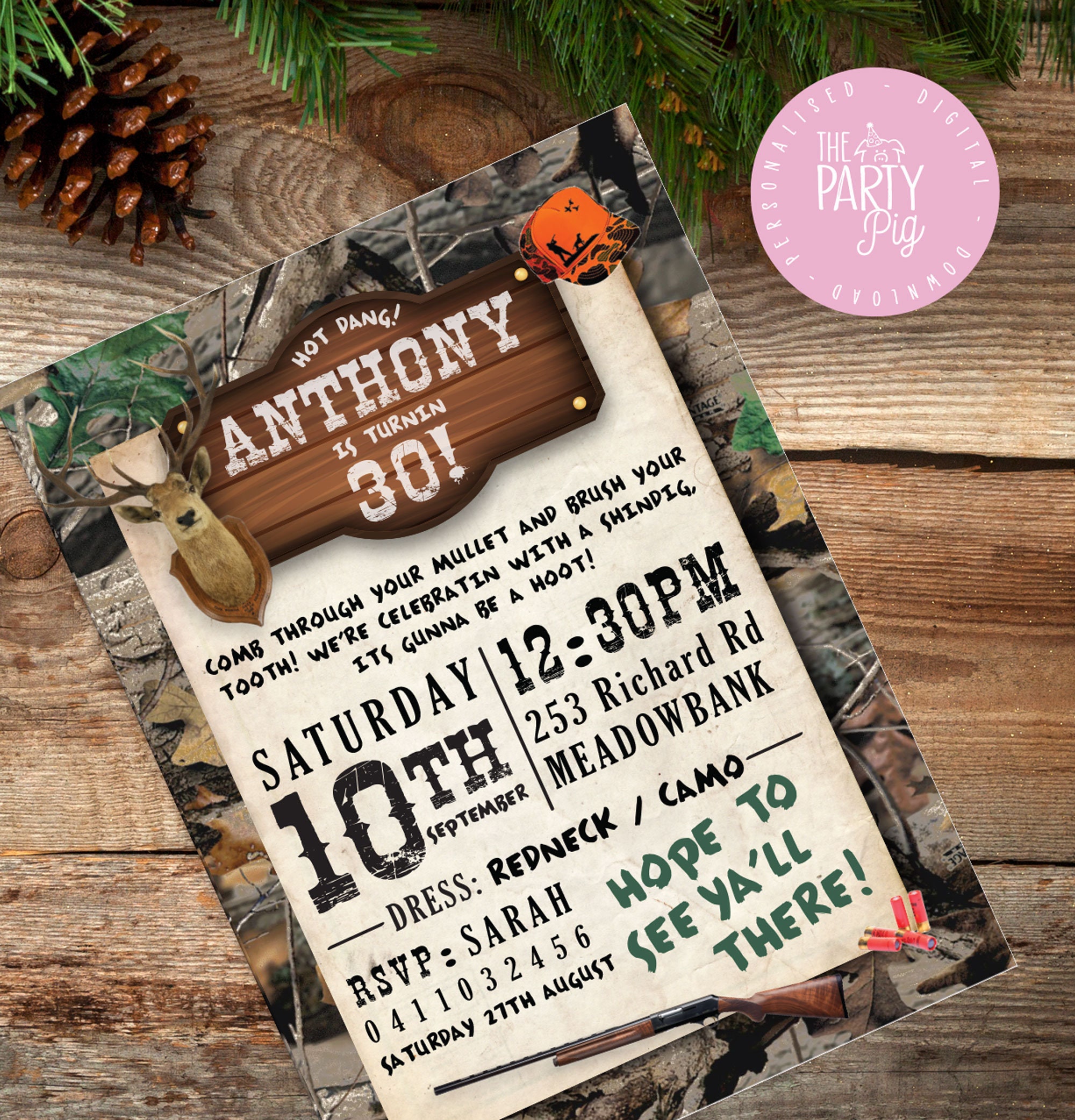 Redneck Hunting Hillbilly Party Invitation, Redneck Birthday Invite ...