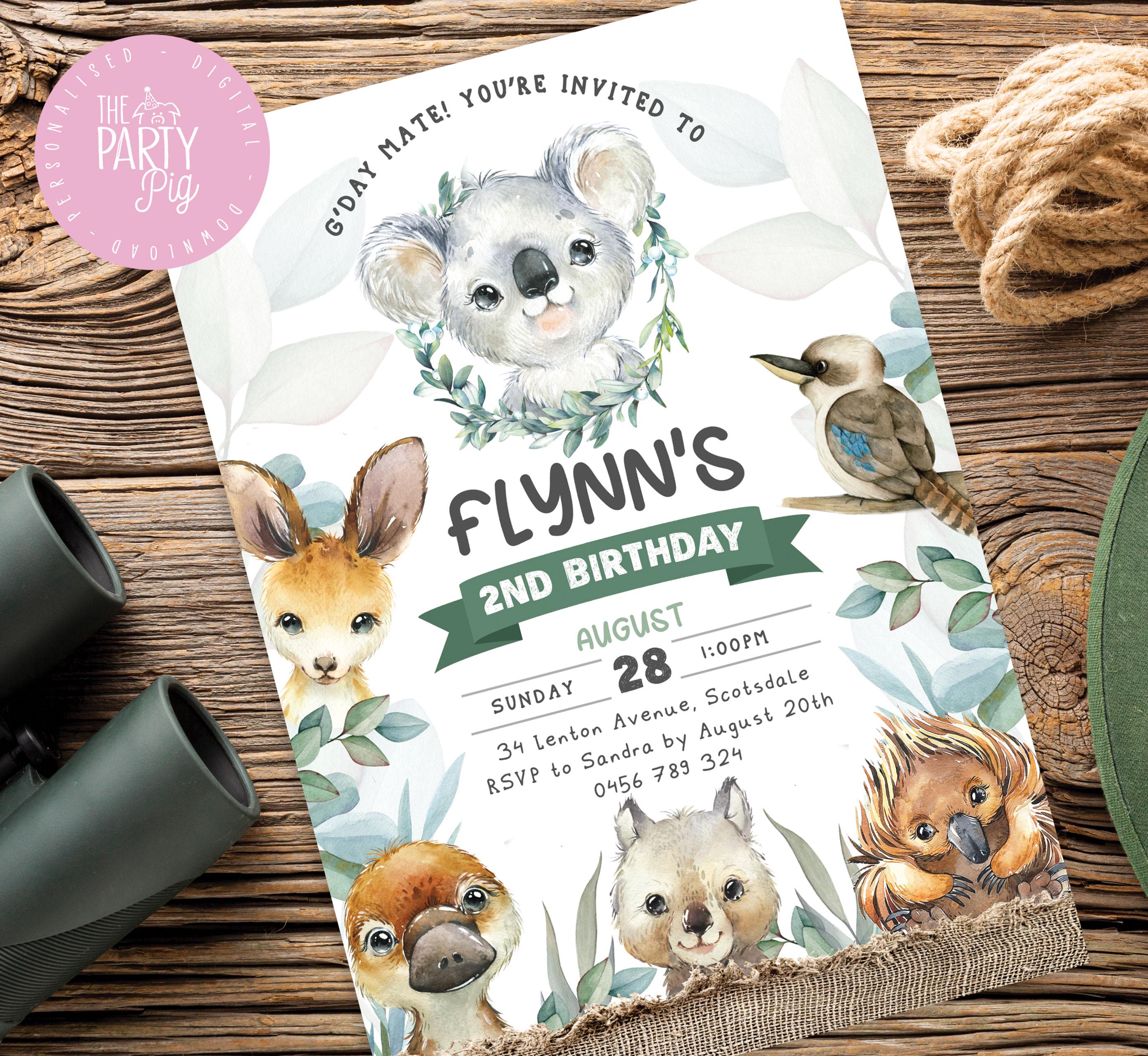Australian Animals Birthday Invitation, Animals Invite, Koala ...
