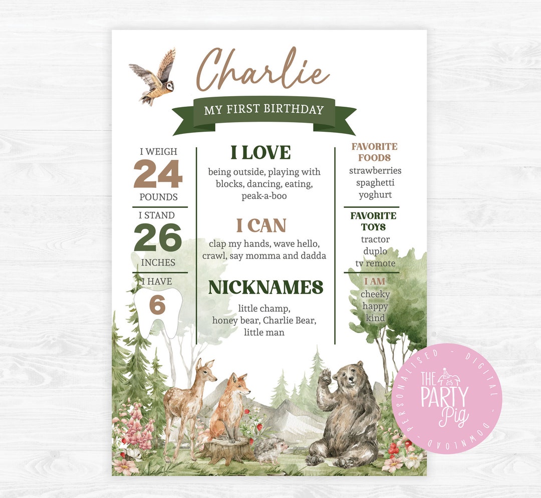 Woodland Animals / Forest Friends Milestone Board Wild One Birthday L ...