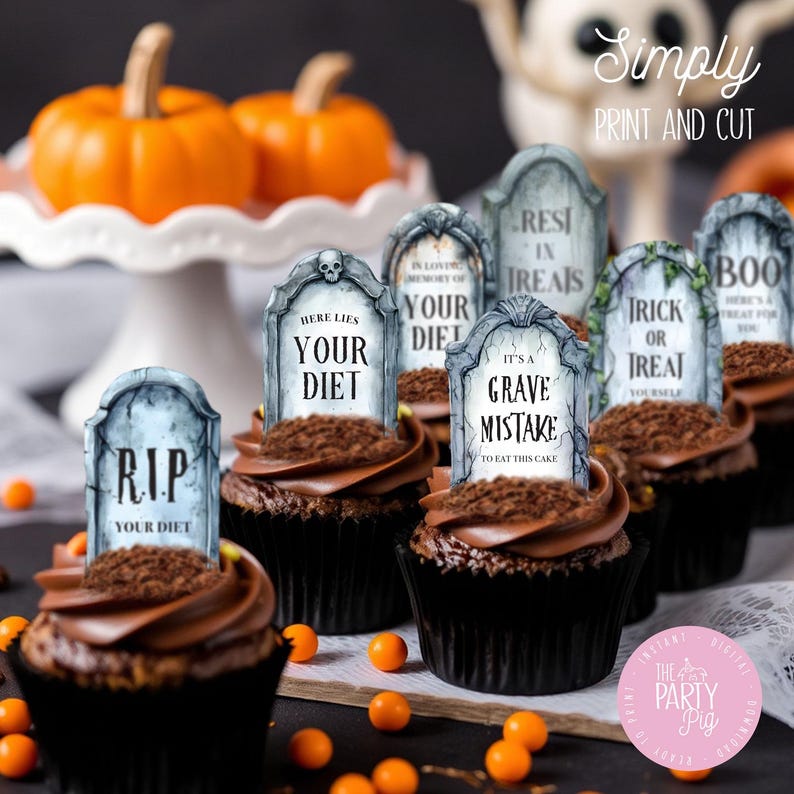 Tombstone Cupcake Toppers, Halloween Gravestone Cupcake Toppers ...