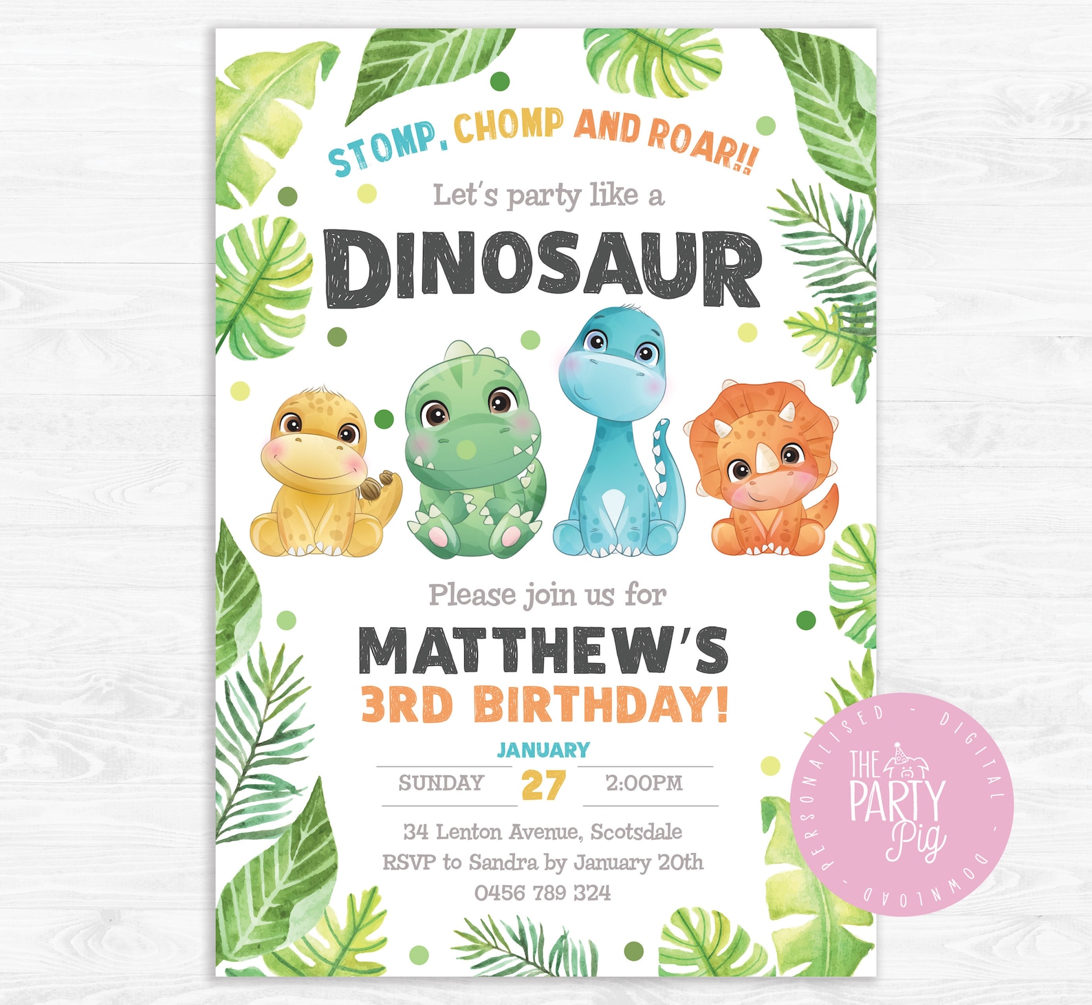 Dinosaur Birthday Invitation, Baby Dinosaur Birthday Invite, Dinosaur ...