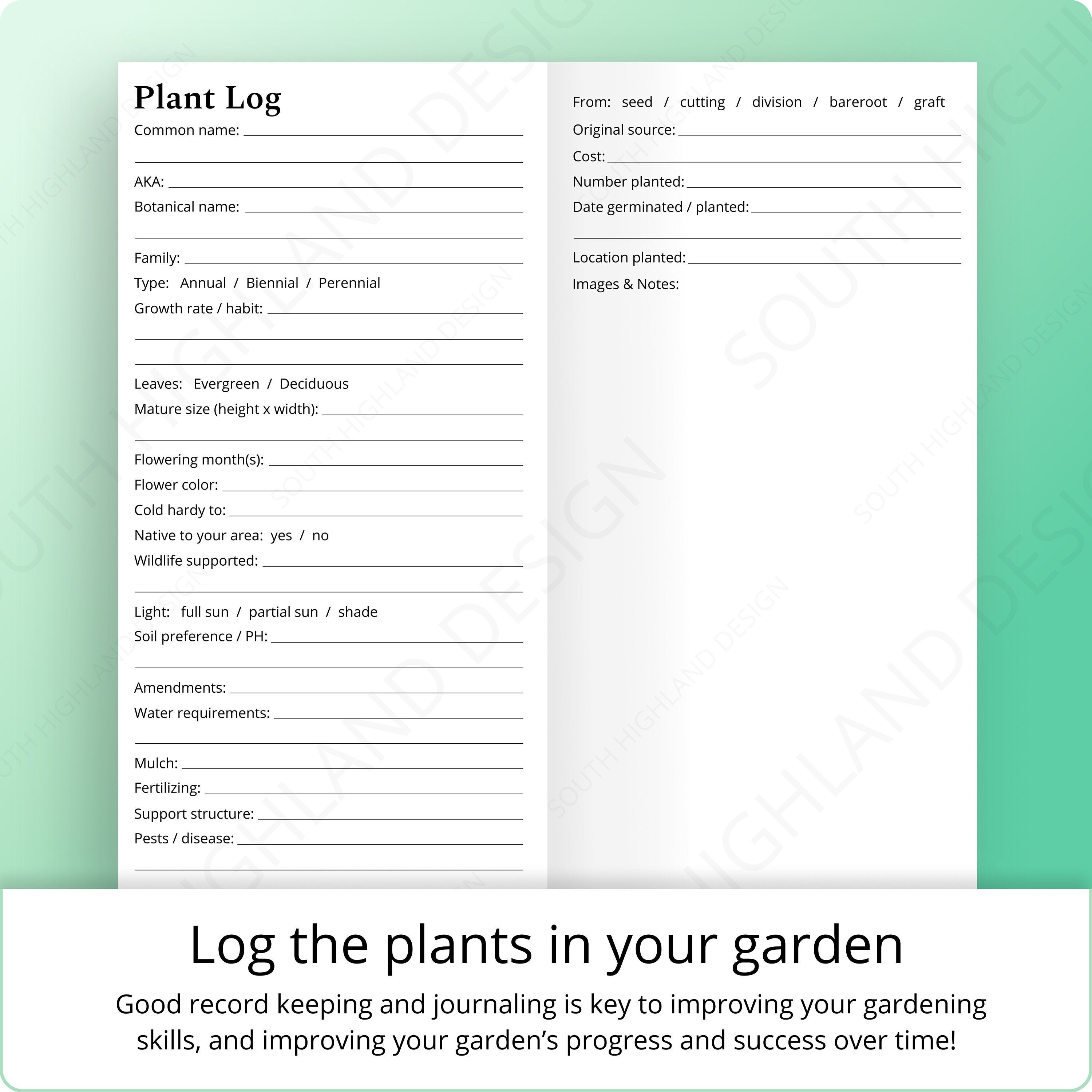 Garden Journal Plant Log Insert for Standard TN 1 Printable | Etsy