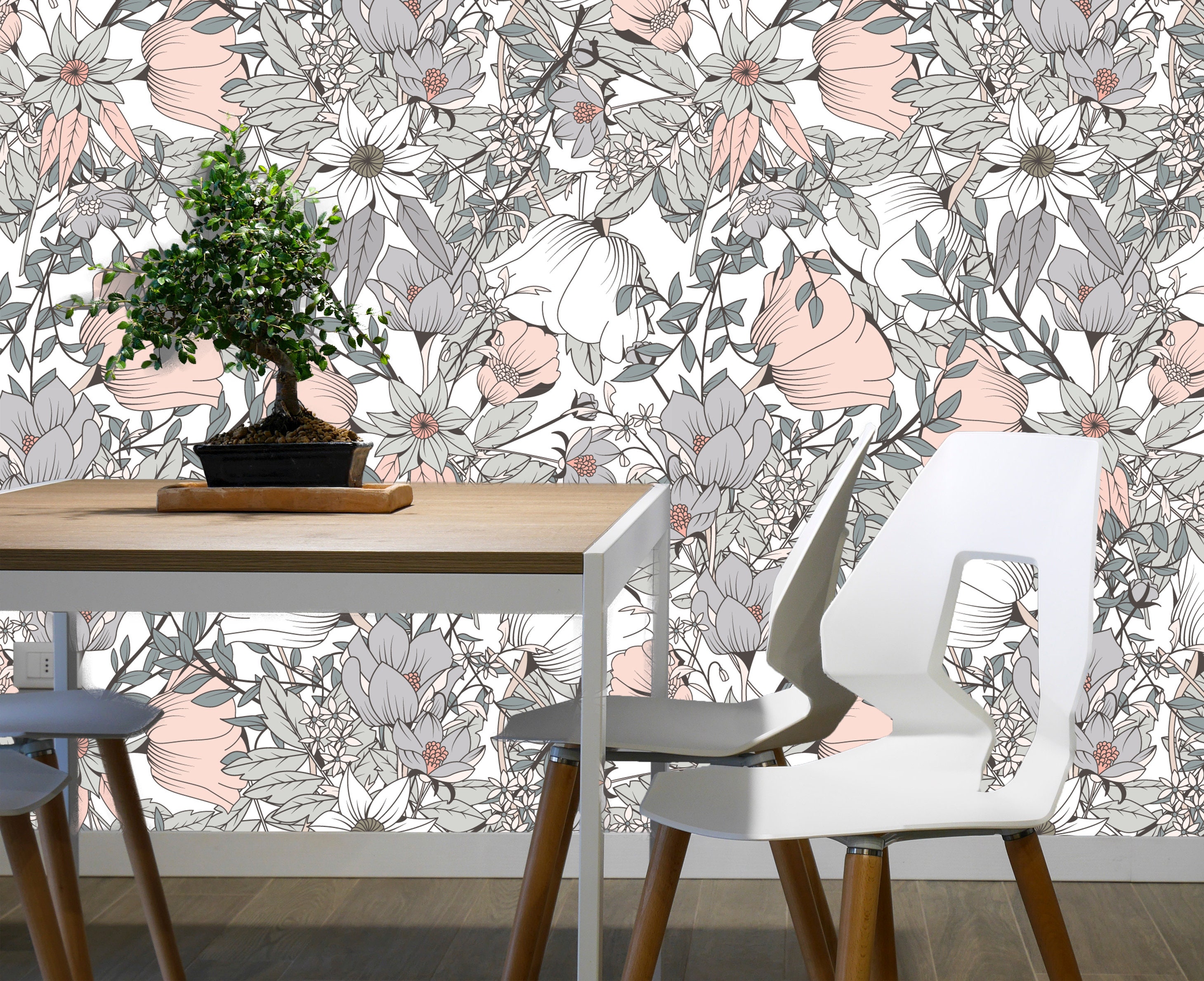 Grey flowers Removable Wallpaper Mural Floral Peel & Stick | Etsy