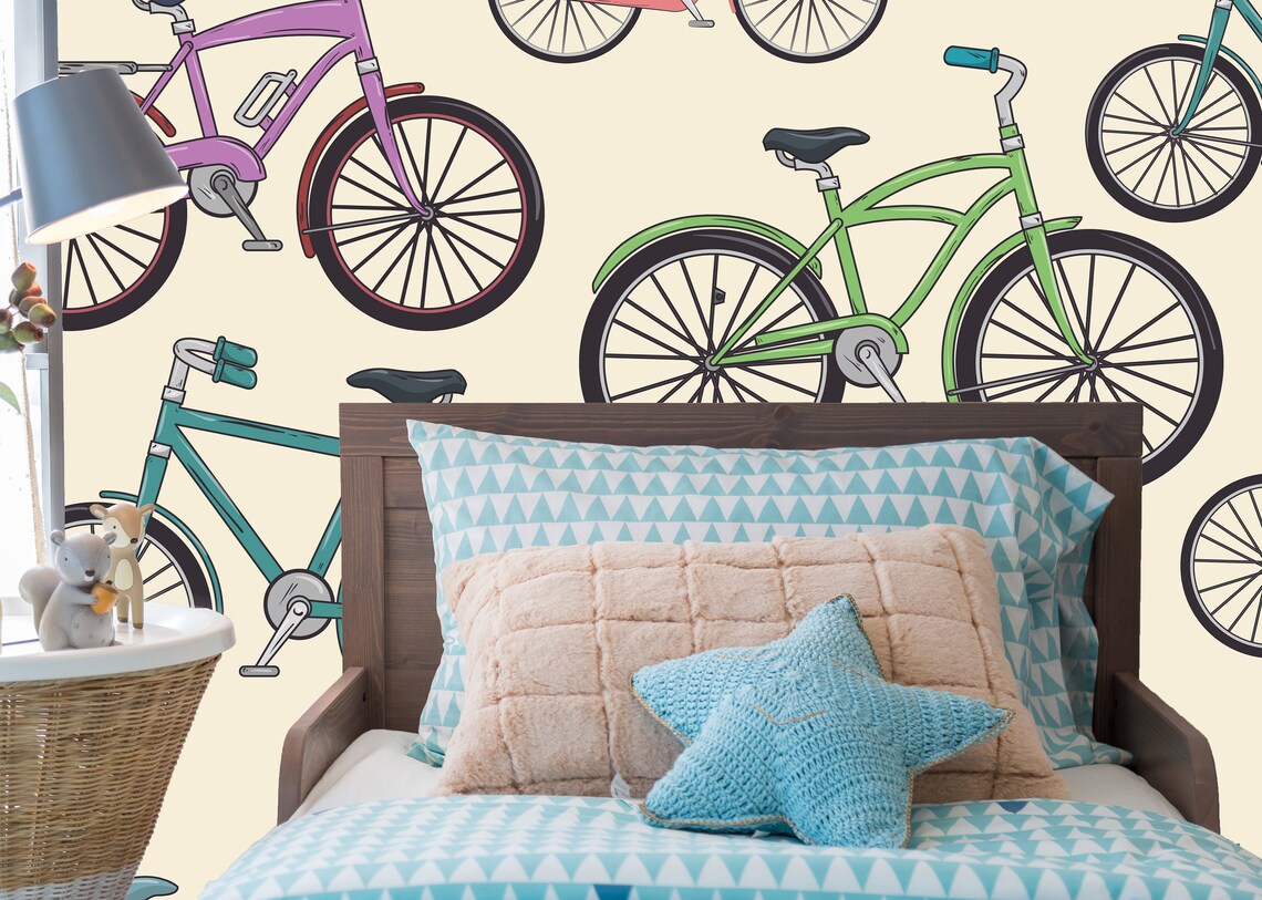 Bicycle Pattern Removable Wallpaper Mural Nursery Peel & - Etsy