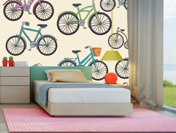 Bicycle Pattern Removable Wallpaper Mural Nursery Peel & | Etsy