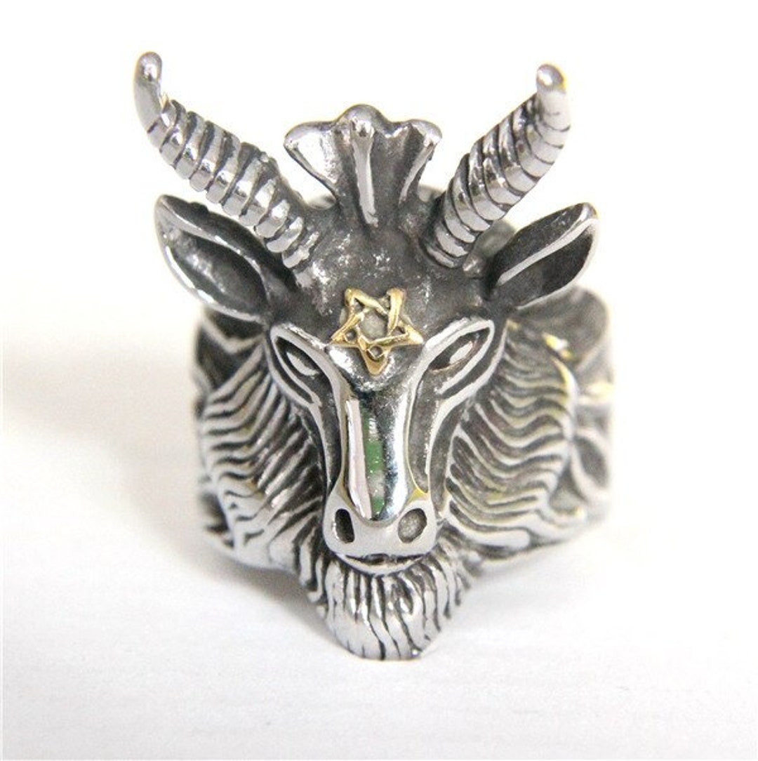 Baphomet Goat's Head Stainless Steel Occult Satanic Pagan Silver Ring ...
