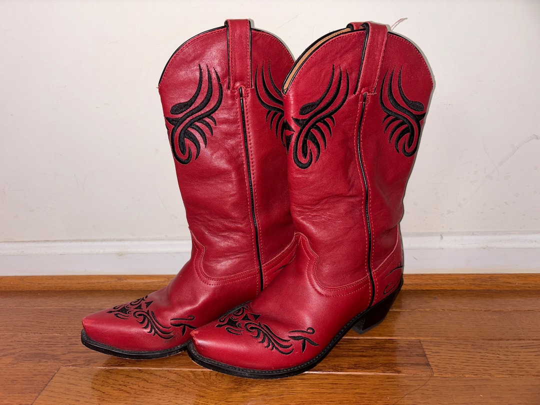 Embroidered Red Leather Western Cowboy Boots Woman Size 8 - Etsy