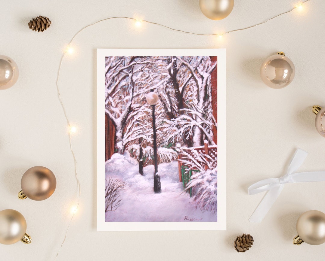 Snowy Street Scene, Montreal Alley With Streetlight in the Snow, Pastel ...