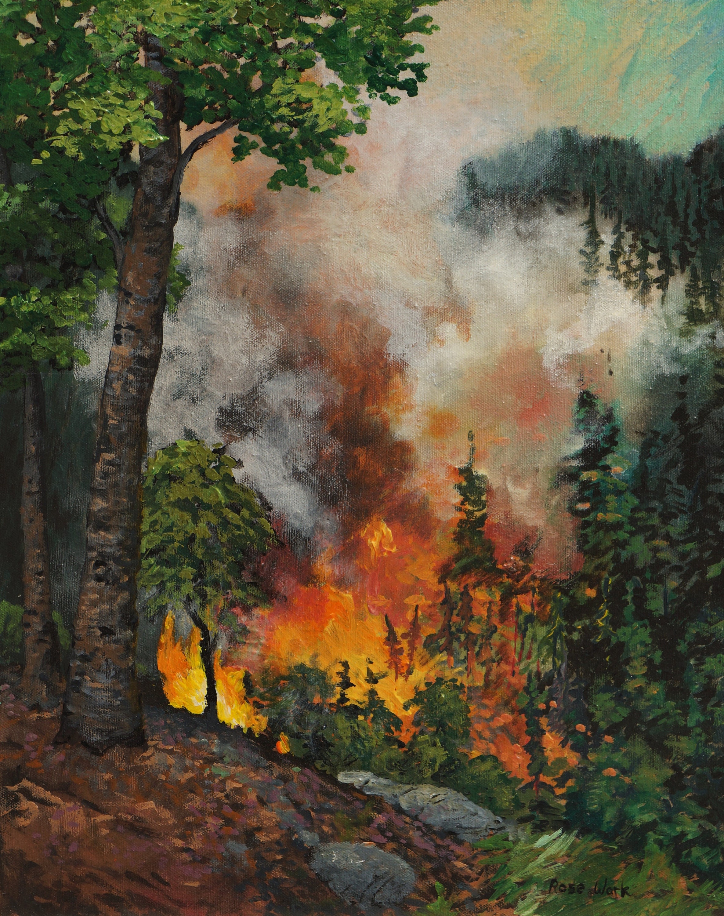 Art print forest fire painting wild fire fire in the Bush | Etsy