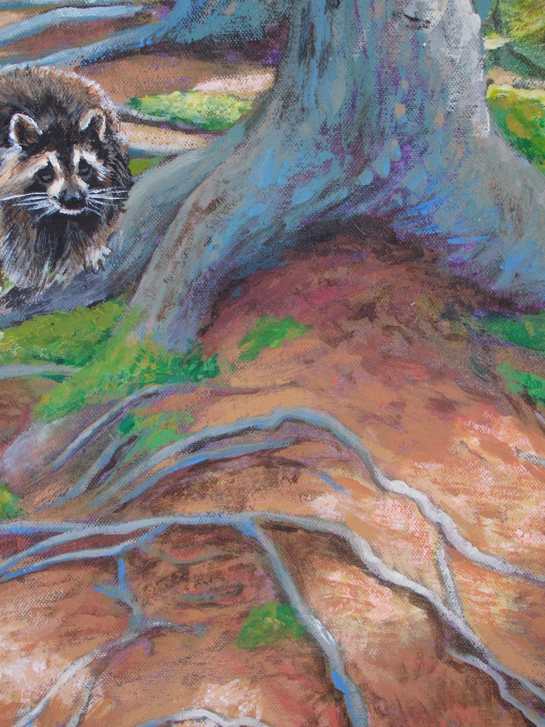 Wildlife Art, Racoons in the Forest, Forest Painting, Nature Art ...