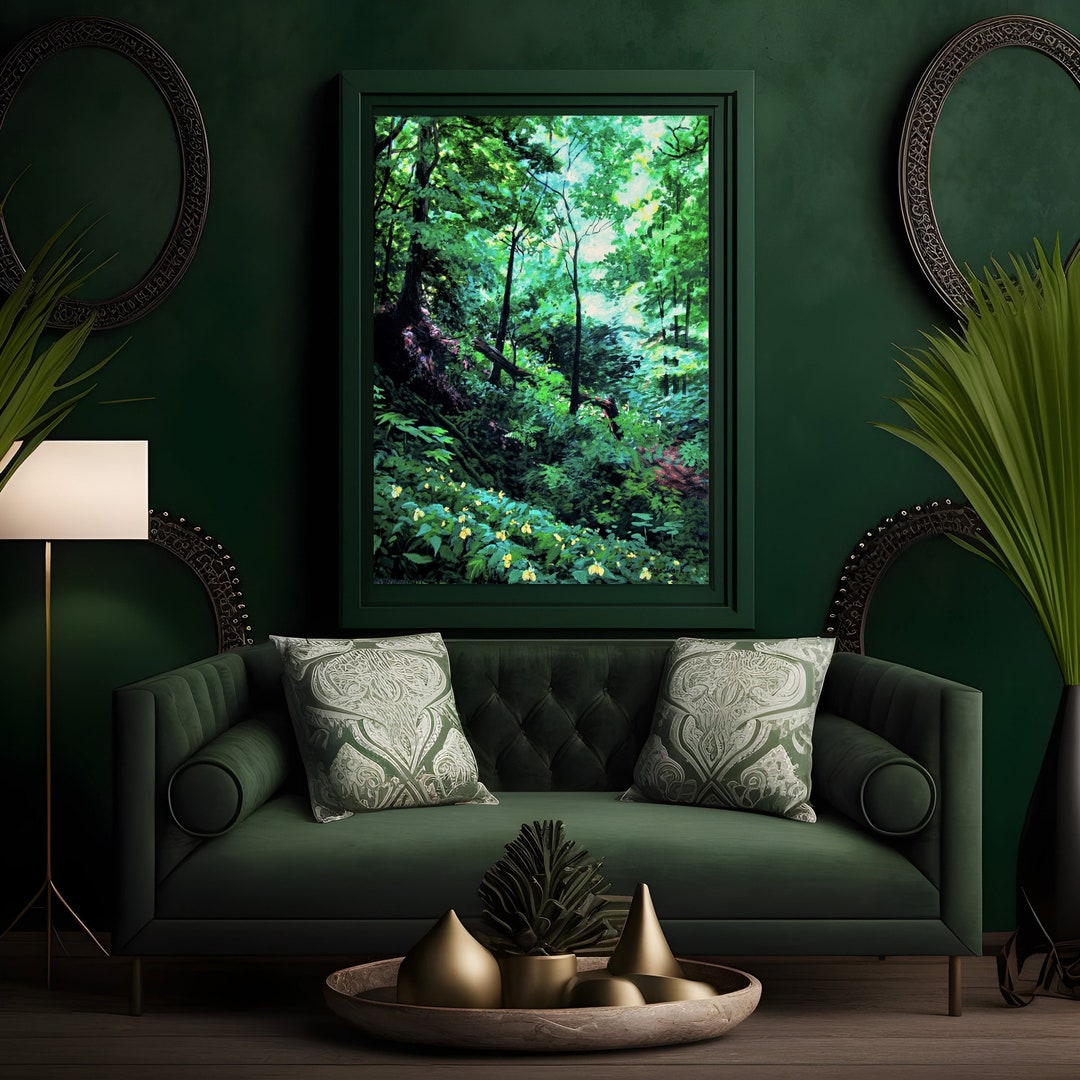 Forest Art Print, Emerald Forest With Yellow Flowers Painting "yellow ...