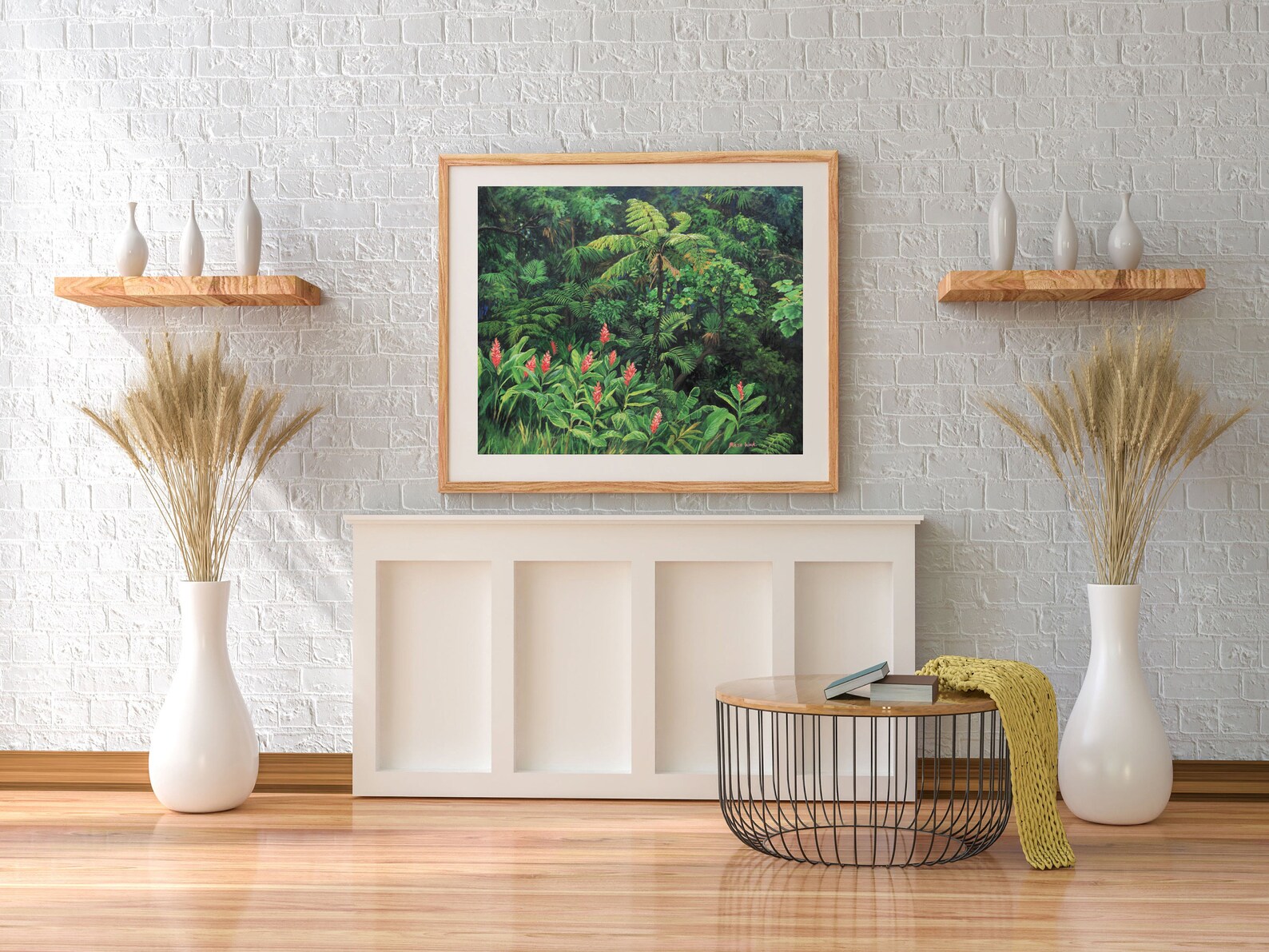 Art Print, Tropical Flowers, Green Rain Forest Painting, Red Wild ...