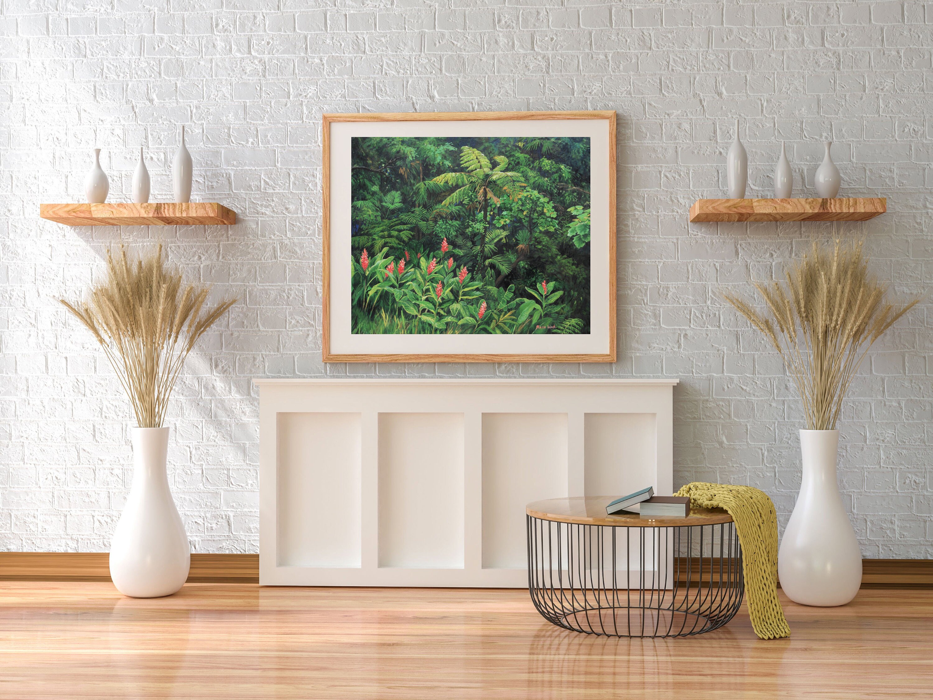 Art Print, Tropical Flowers, Green Rain Forest Painting, Red Wild ...