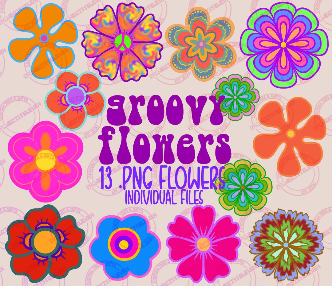 Groovy Flowers - Hand Drawn Design Elements -13 PNG Files | Graphic ...