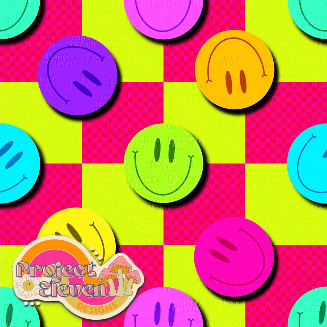 Neon Checker Happy Face Seamless Repeating Pattern COMMERCIAL USE ...