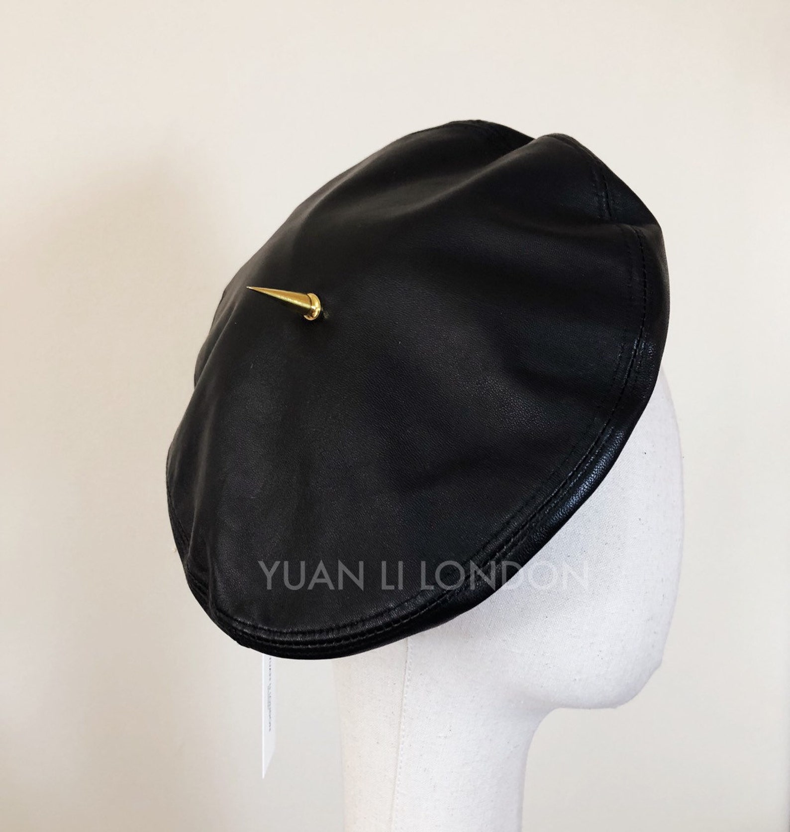 Punk Black Genuine Leather Beret With Gold Spike Hottest Trend | Etsy