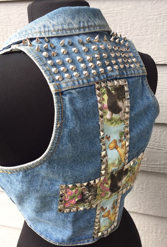 Satanic Cats Cross Spiked Denim Vest XS Custom Hand M… - Gem