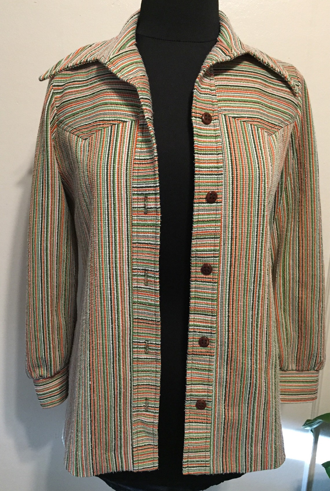 70s Woven Multicolored Striped Button up Shirt. Wide Collar. Large - Etsy