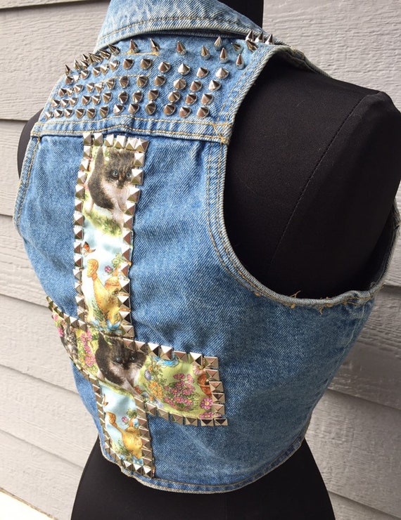 Satanic Cats Cross Spiked Denim Vest XS Custom Hand M… - Gem
