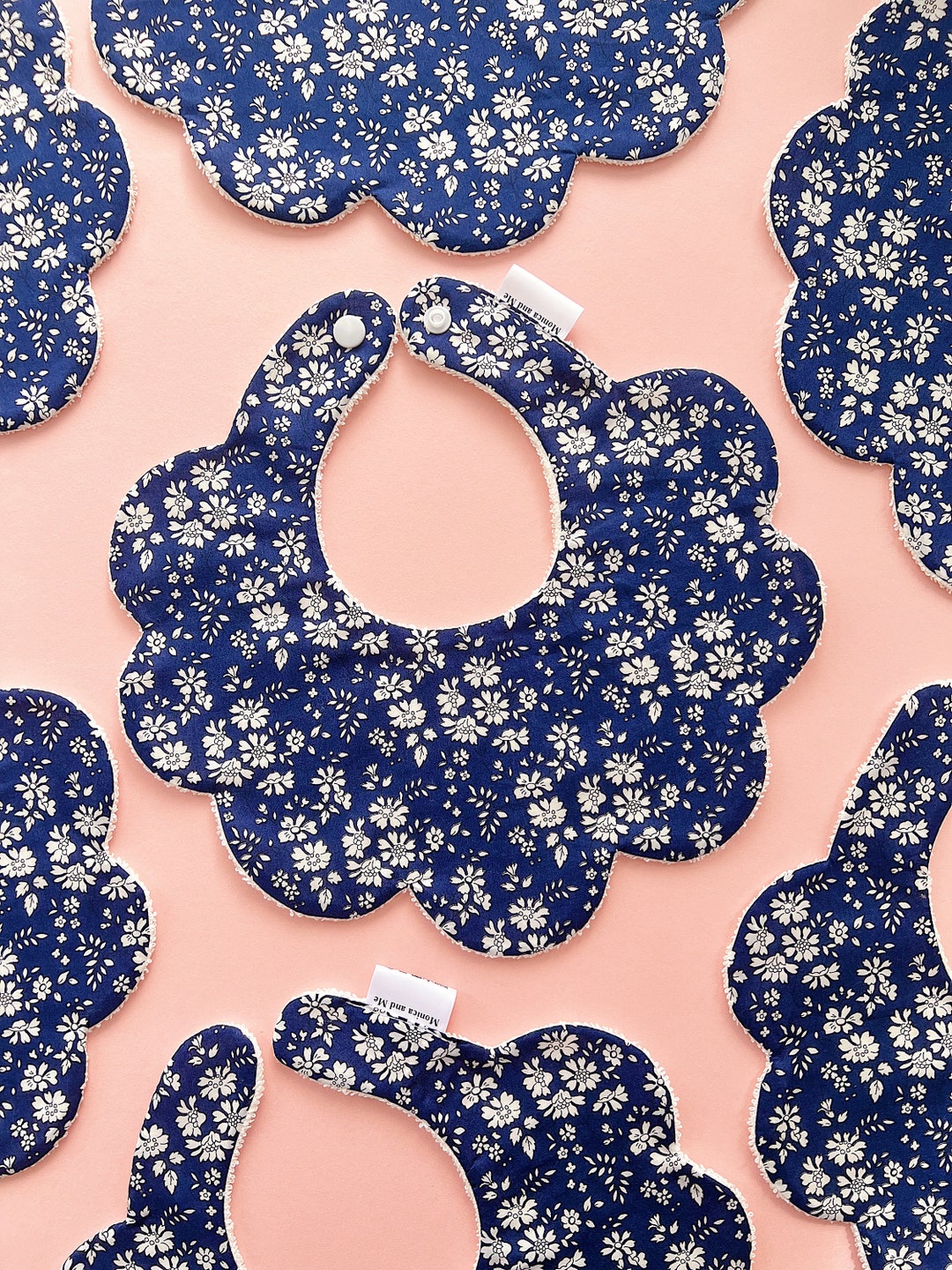 Navy Blue and White Floral Capel Print Liberty Scalloped Dribble Bib ...