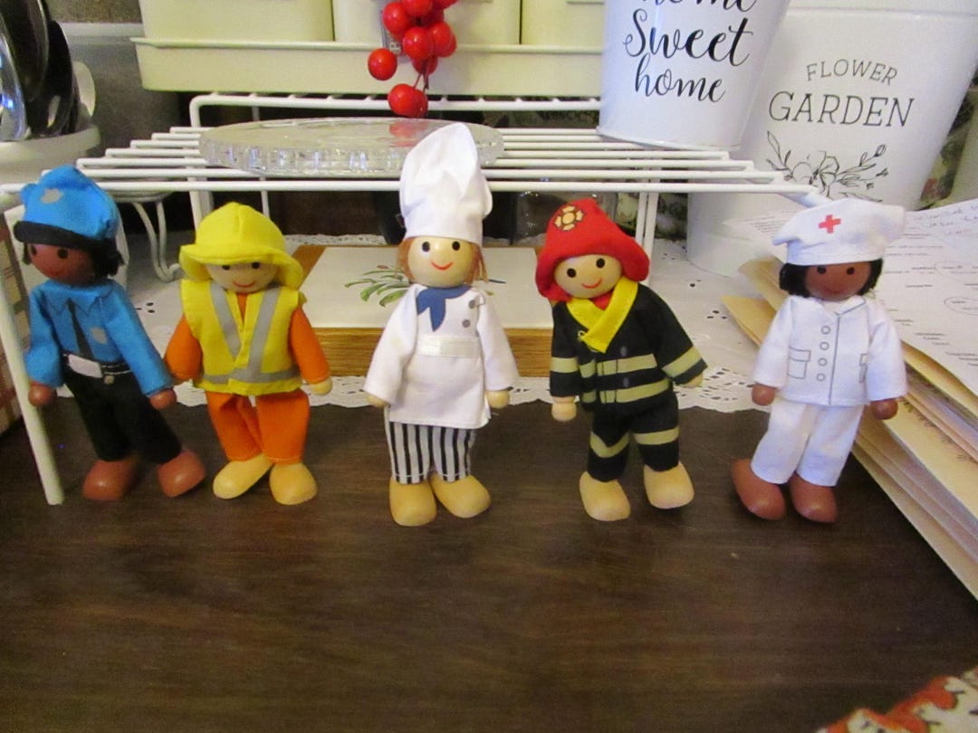 Vintage Set of 5 Community Helpers Dolls Wood and Cloth - Etsy