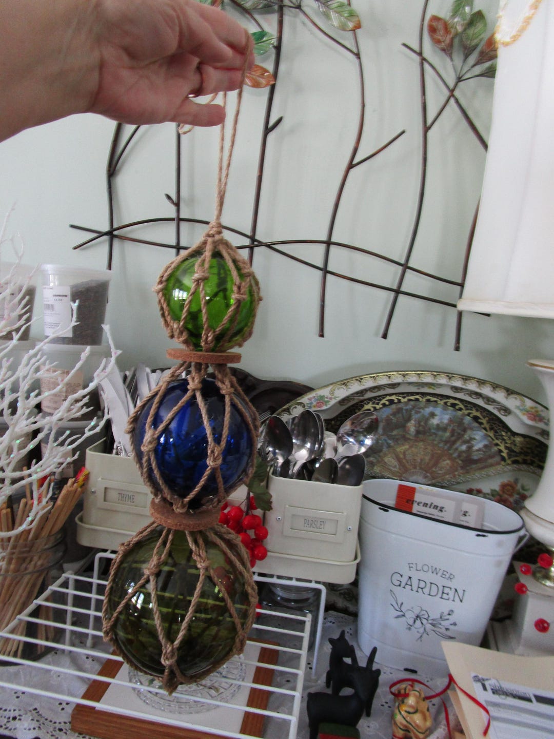 Vintage Glass Fishing Floats Floaters on Rope 3 Assorted on Rope Fish ...