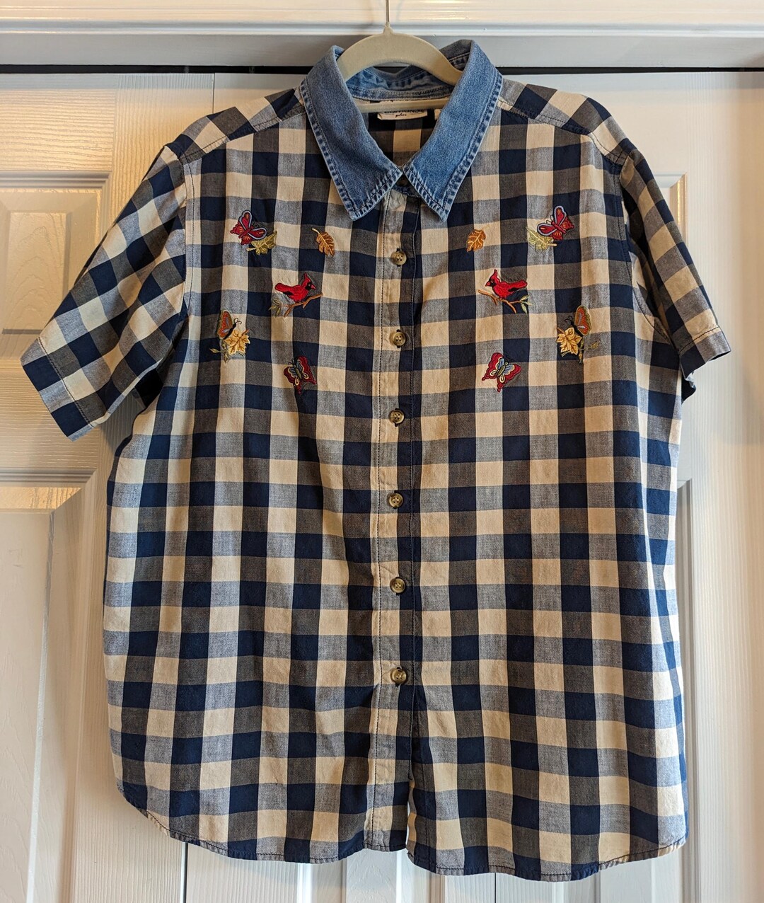 Vintage BASIC EDITIONS PLUS Plaid Denim Collar Shirt Embroidered Size ...