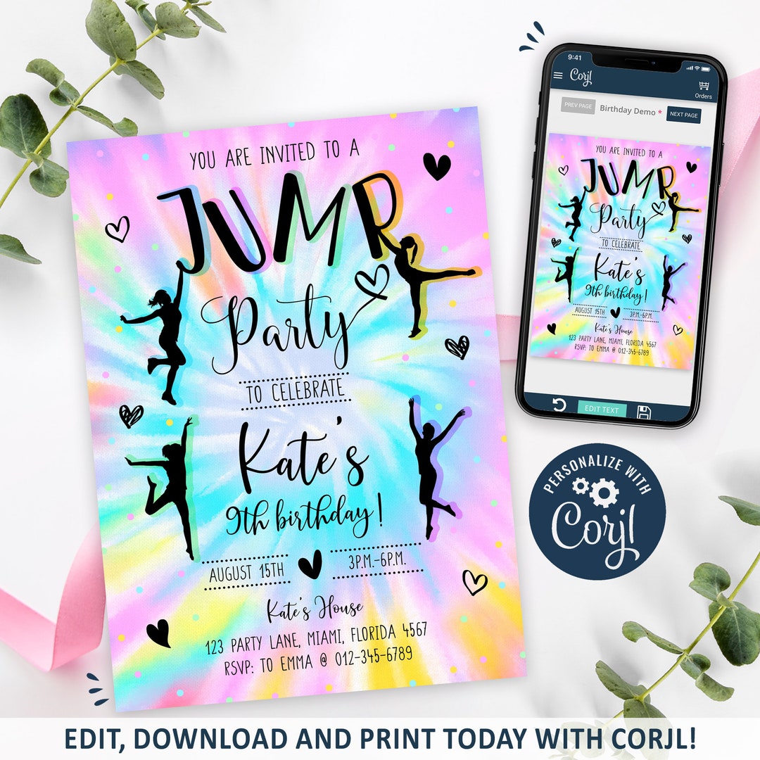 Jump Invitation, Tie Dye Jump Birthday Invitation Printable, Bounce ...
