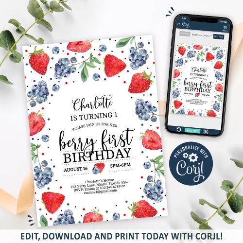 Editable Berry Sweet Birthday Invitation Blueberry Strawberry - Etsy