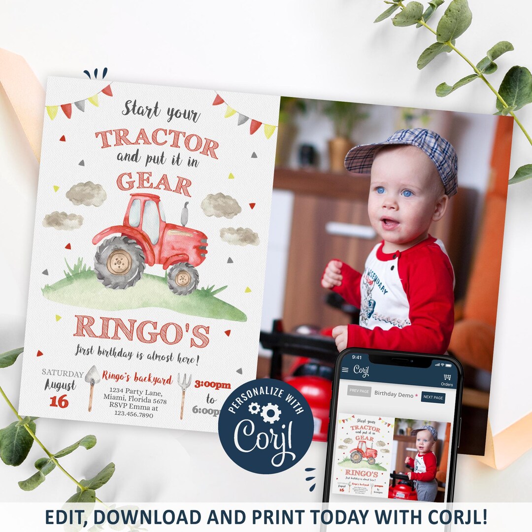 Tractor Invitation, Tractor Birthday Photo Invitation Printable, Red ...