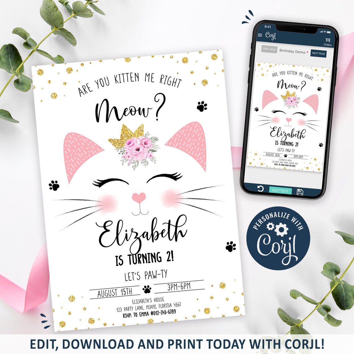 Kitten Invitation Kitten Birthday Invitation Printable Kitty - Etsy