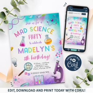 Science Invitation, Science Birthday Invitation Printable, Mad Science ...