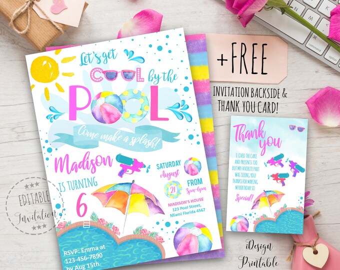 Pool Party Invitation, Pool Party Birthday Invitation Printable, Summer ...