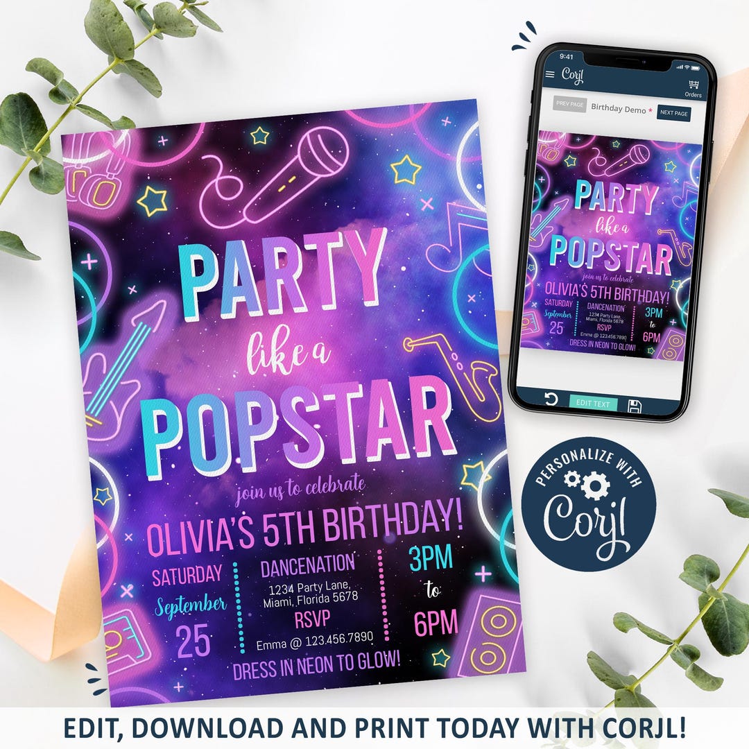 Party Like A Pop Star Invitation, Music Pop Star Birthday Invitation ...
