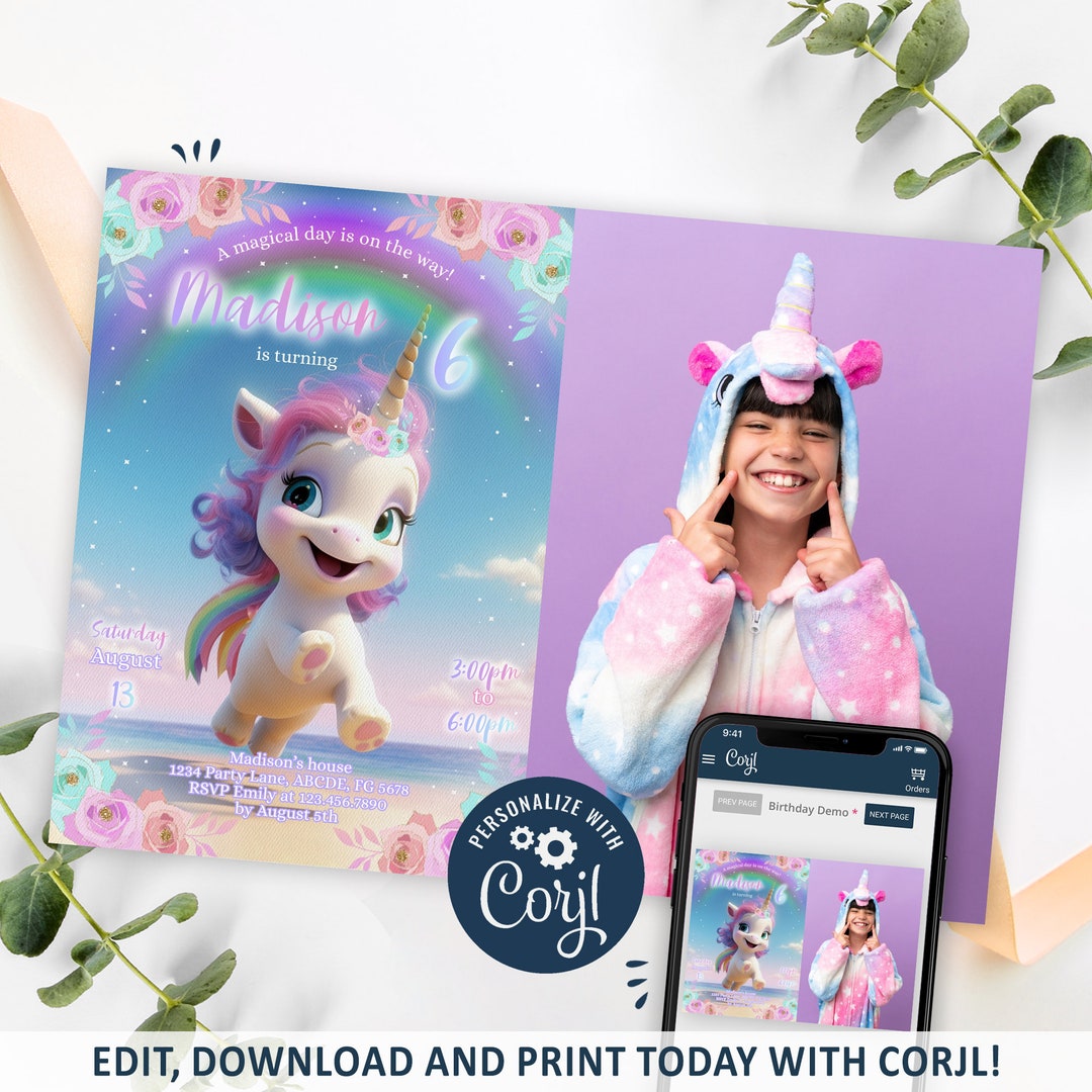 Cute Unicorn Invitation, Unicorn Photo Birthday Invitation Printable ...